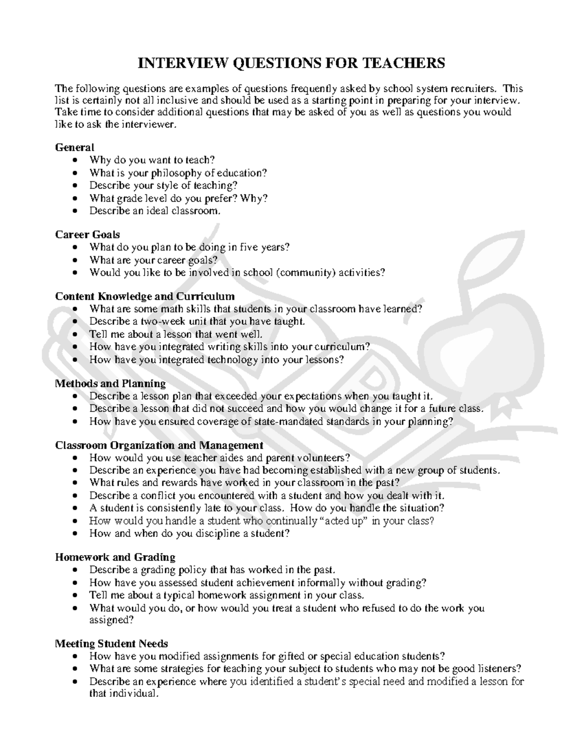 Interview packet tips and guidelines - INTERVIEW QUESTIONS FOR TEACHERS ...