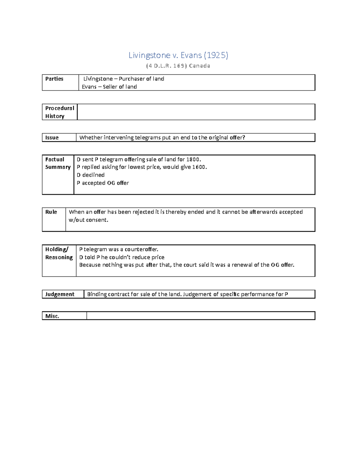 Living v. Evan Contract - Livingstone v. Evans ( 1925 ) (4 D.L. 169 ...