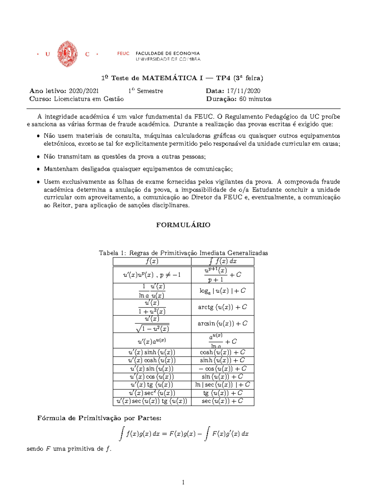 Testes 1 tp3tp4 - 1 º Teste de MATEM ́ATICA I — TP4 (3a feira) Ano ...