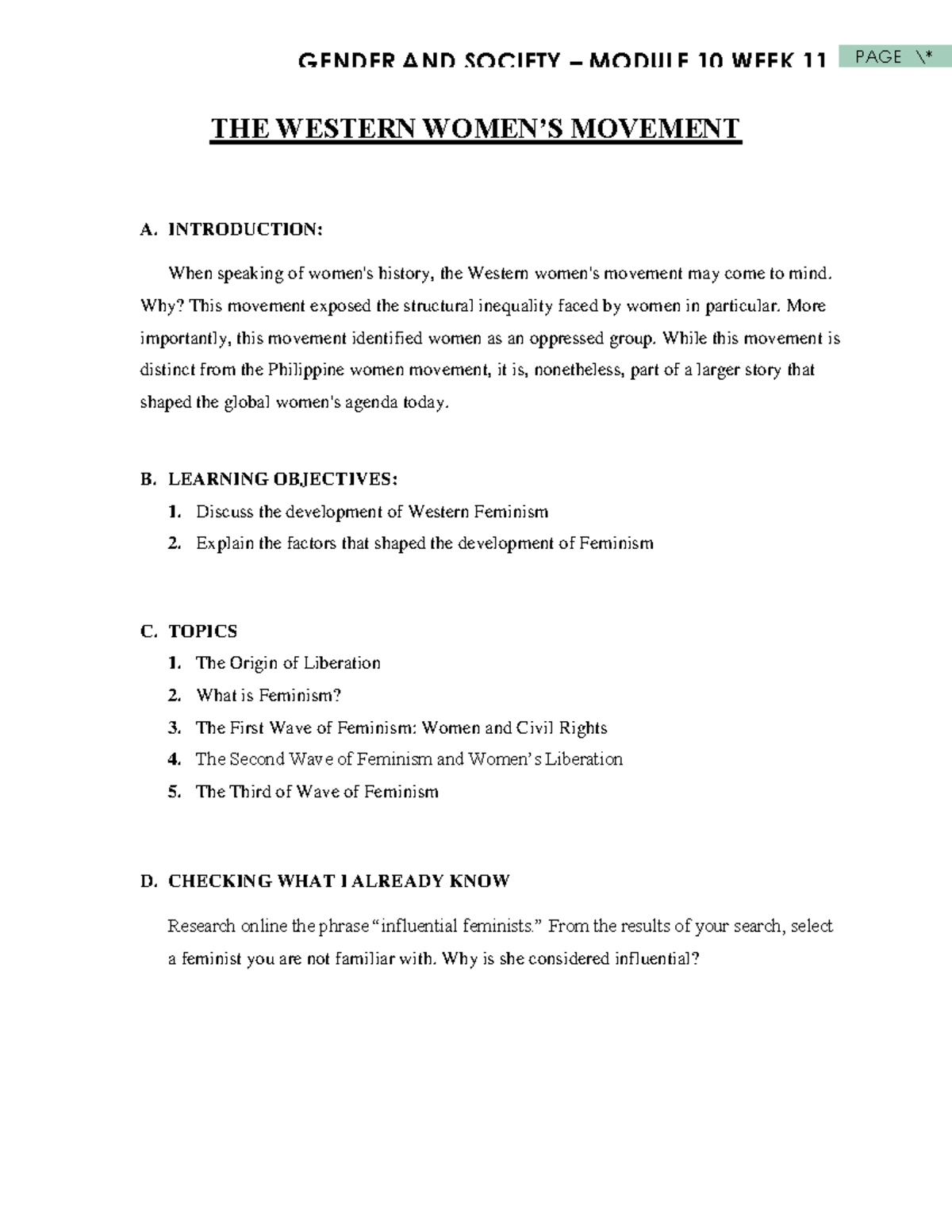 Gender AND Society - Module 10 WEEK11 - Western Women's Movement - THE ...