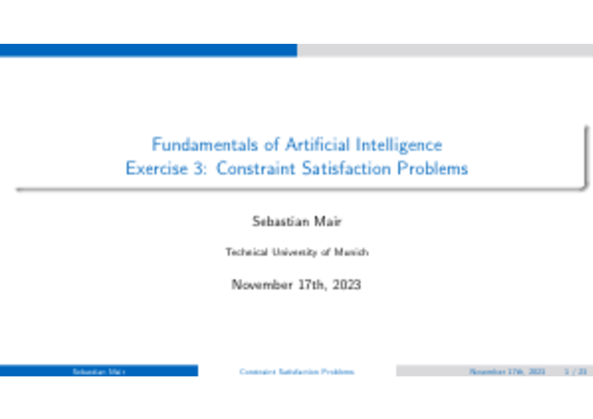 AI exercise 3 slides - Fundamentals of Artificial Intelligence Exercise 3: Constraint ...