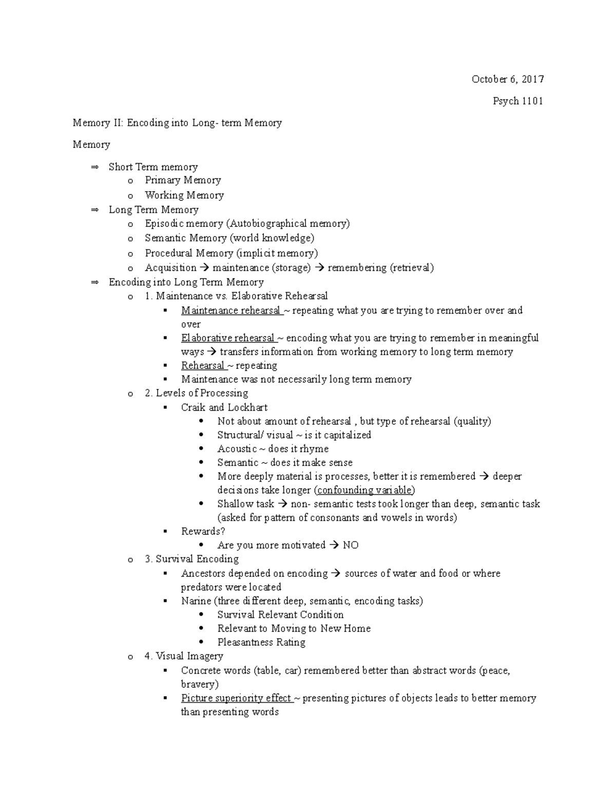 Memory II - October 6, 2017 Psych 1101 Memory II: Encoding into Long ...