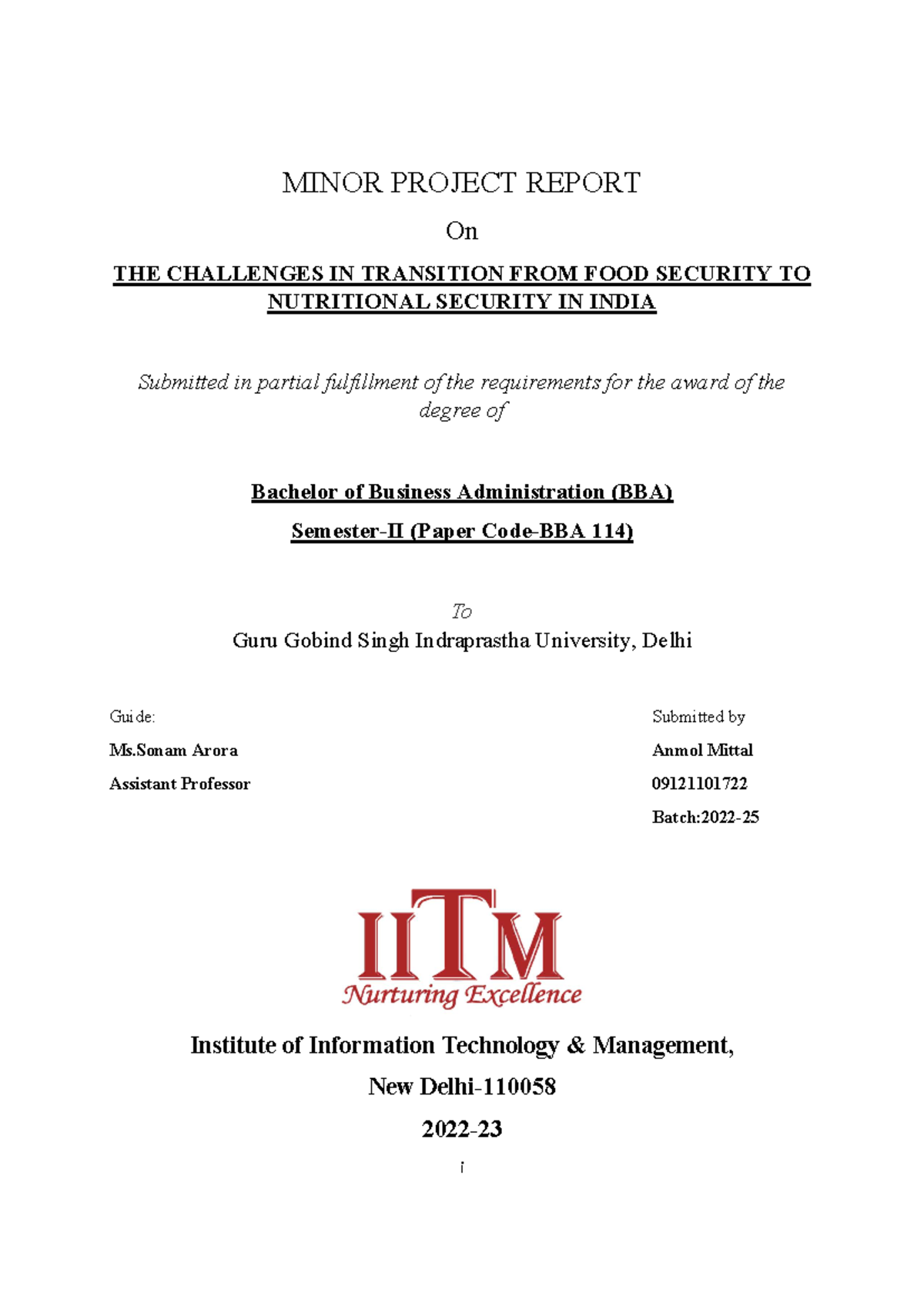 Minor project anmol mittal final - i MINOR PROJECT REPORT On THE ...