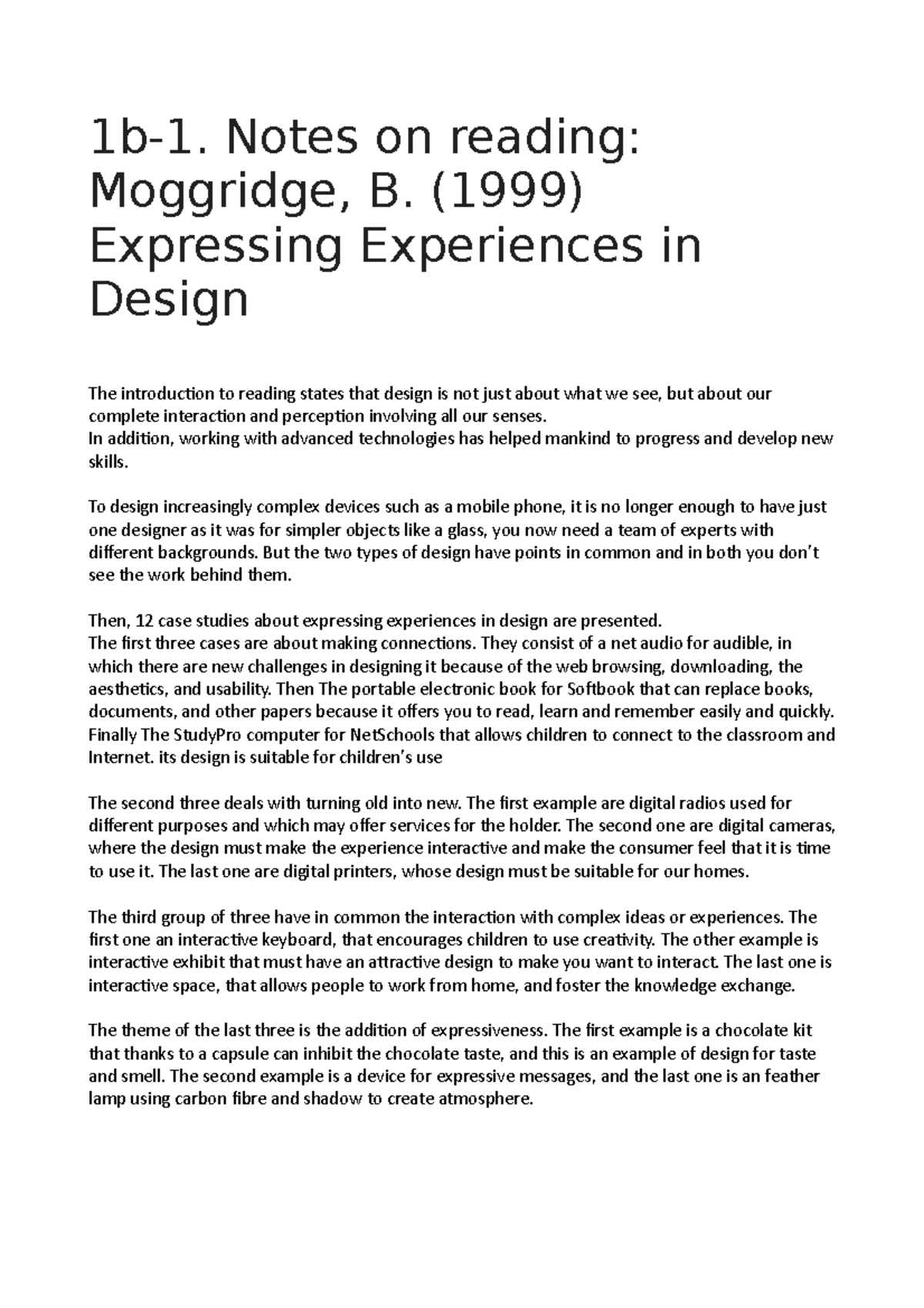 Notes on reading 1 - Design - 1b-1. Notes on reading: Moggridge, B ...