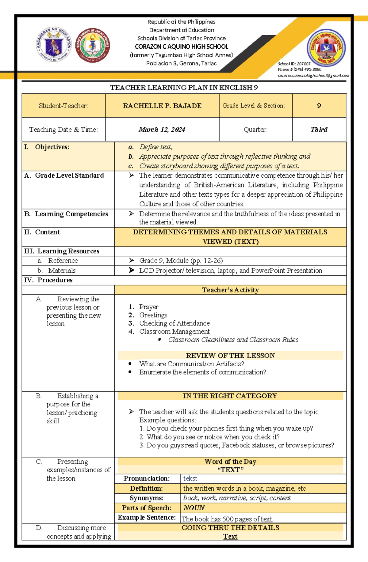 DLP-1- TEXT WEEK 2 - TEACHER LEARNING PLAN IN ENGLISH 9 Student-Teacher ...