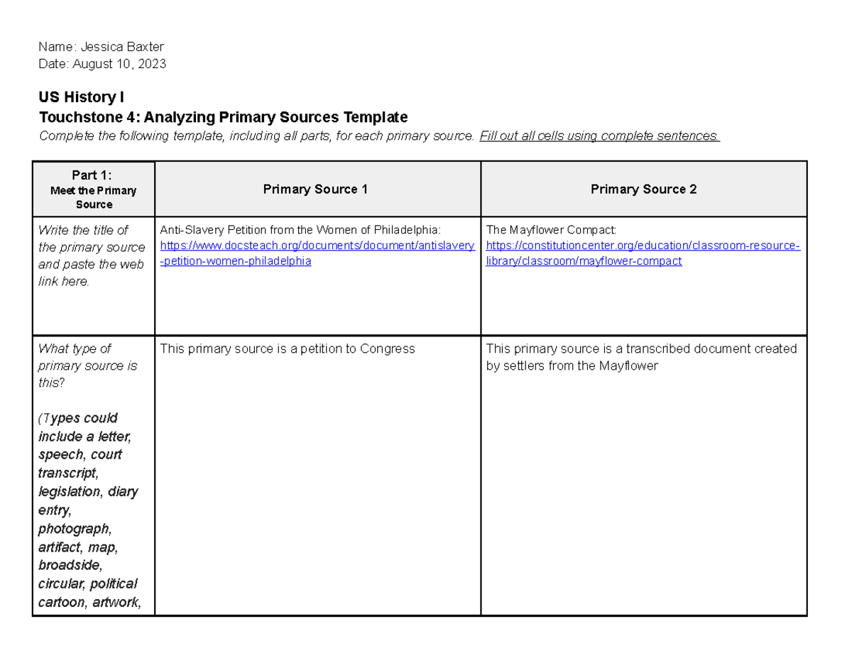 US History I Touchstone 4 - Name: Jessica Baxter Date: August 10, 2023 ...