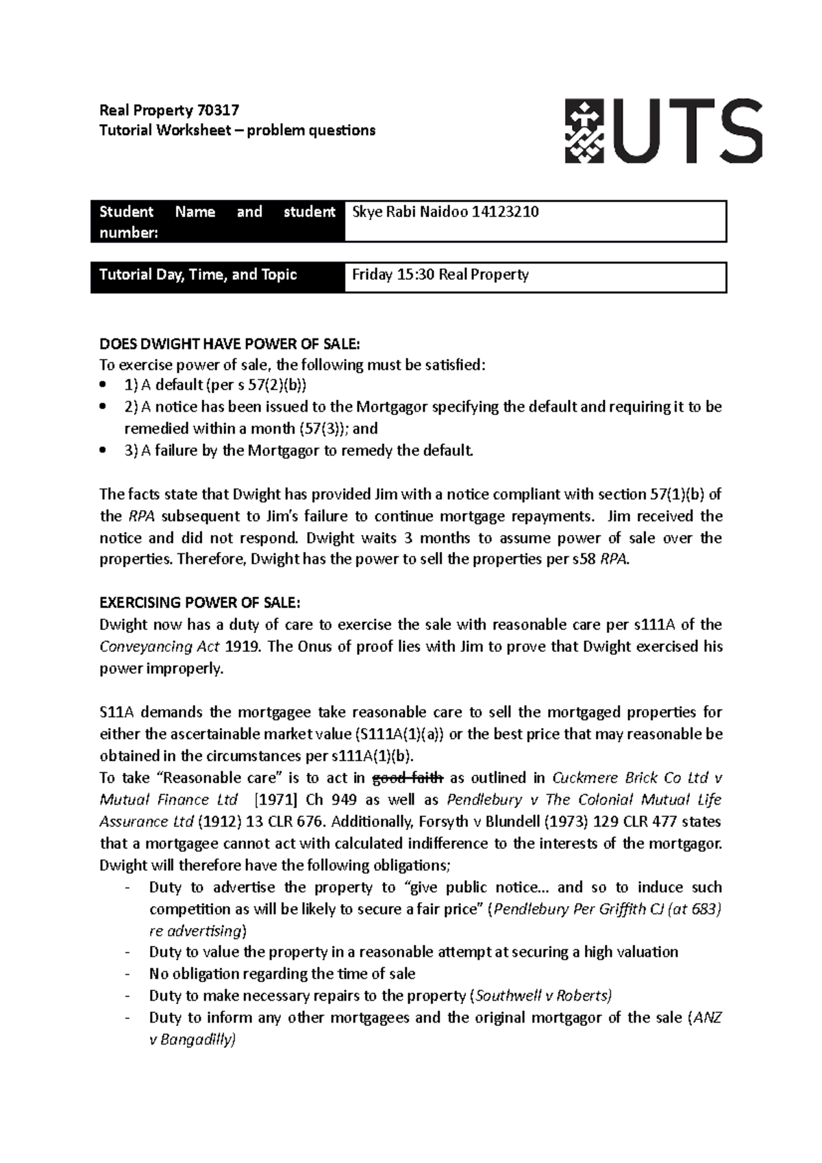 Tutorial worksheet 3 - power of sale mortgages question 5/6 - Real ...