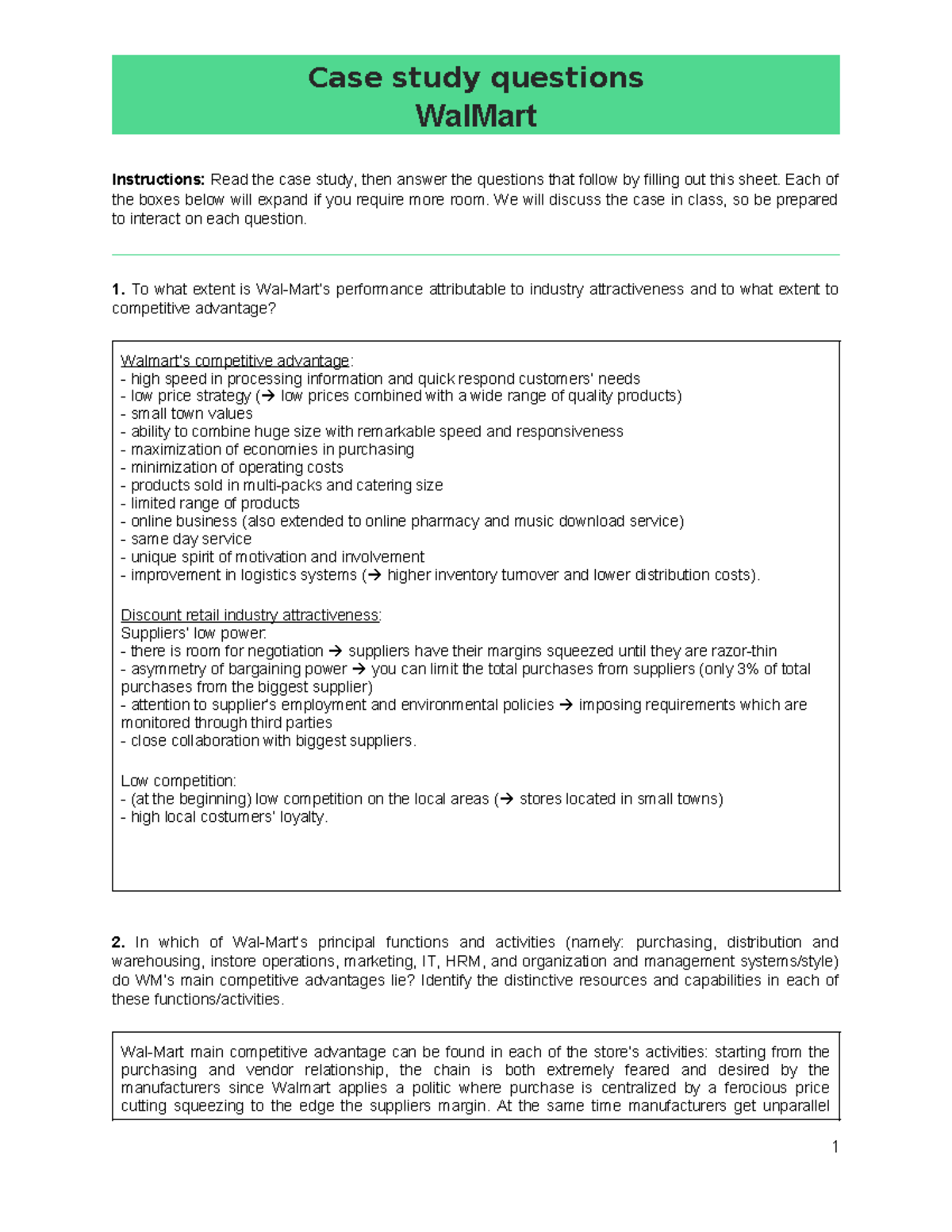 Wal Mart Study Case - Instructions: Read the case study, then answer ...