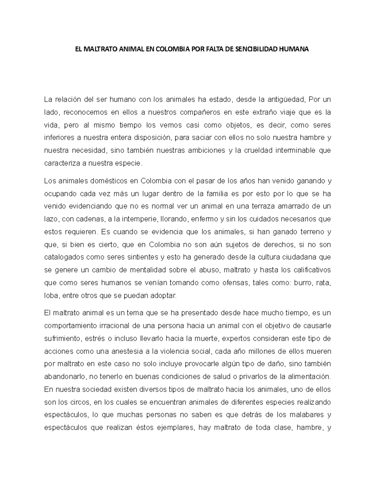 Ensayo Maltrato animal - EL MALTRATO ANIMAL EN COLOMBIA POR FALTA DE ...