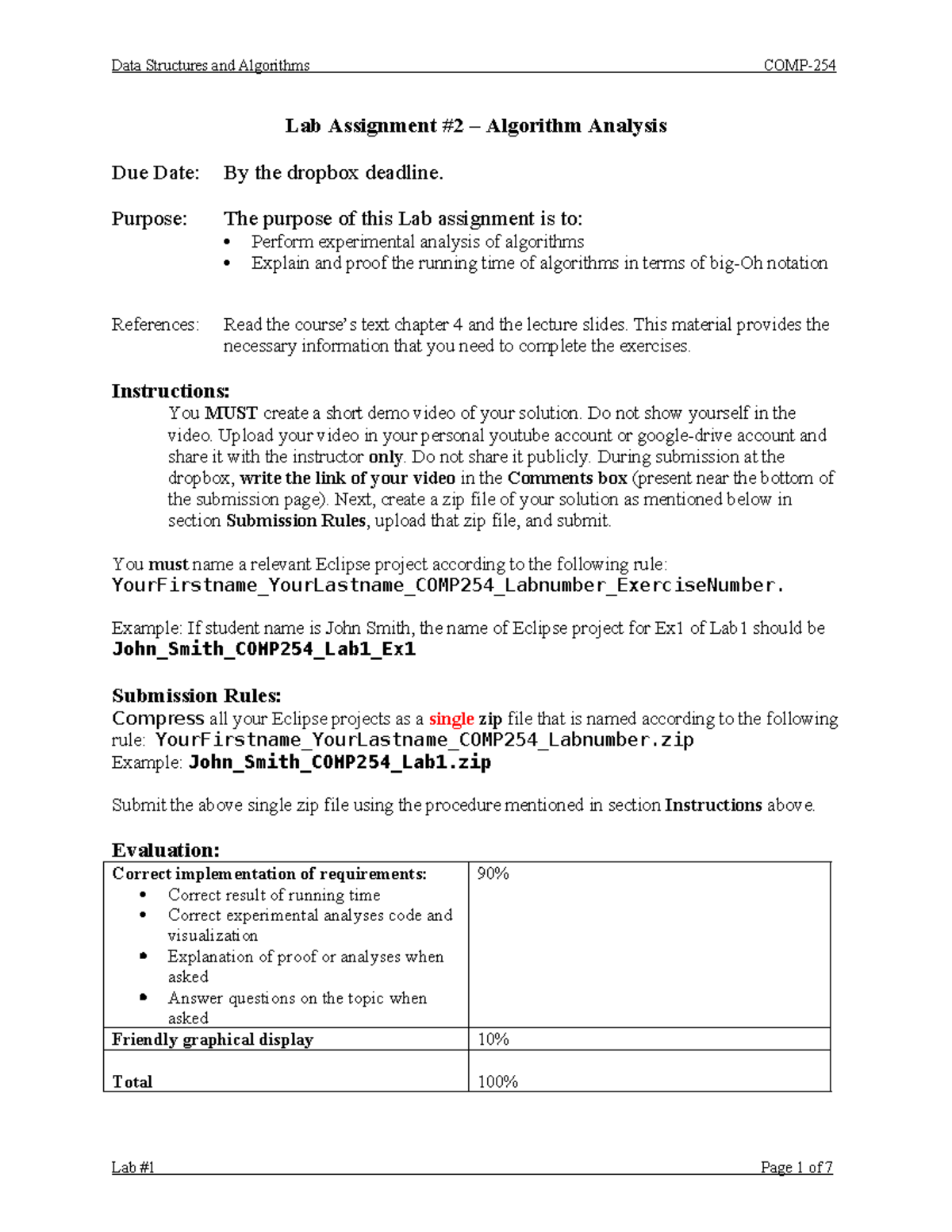 254 - Lab Assignment #2 – Algorithm Analysis Due Date: By the dropbox deadline. Purpose: The ...