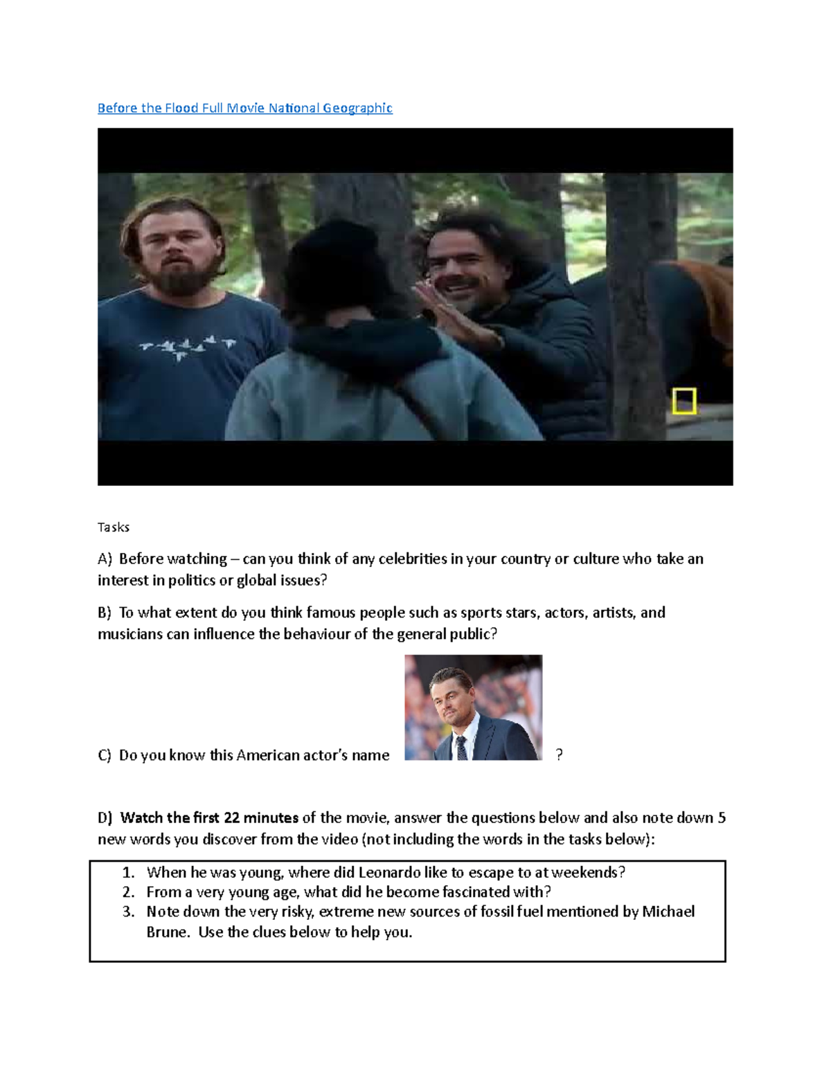 Student COPY Before the Flood Film & Tasks - Before the Flood Full ...