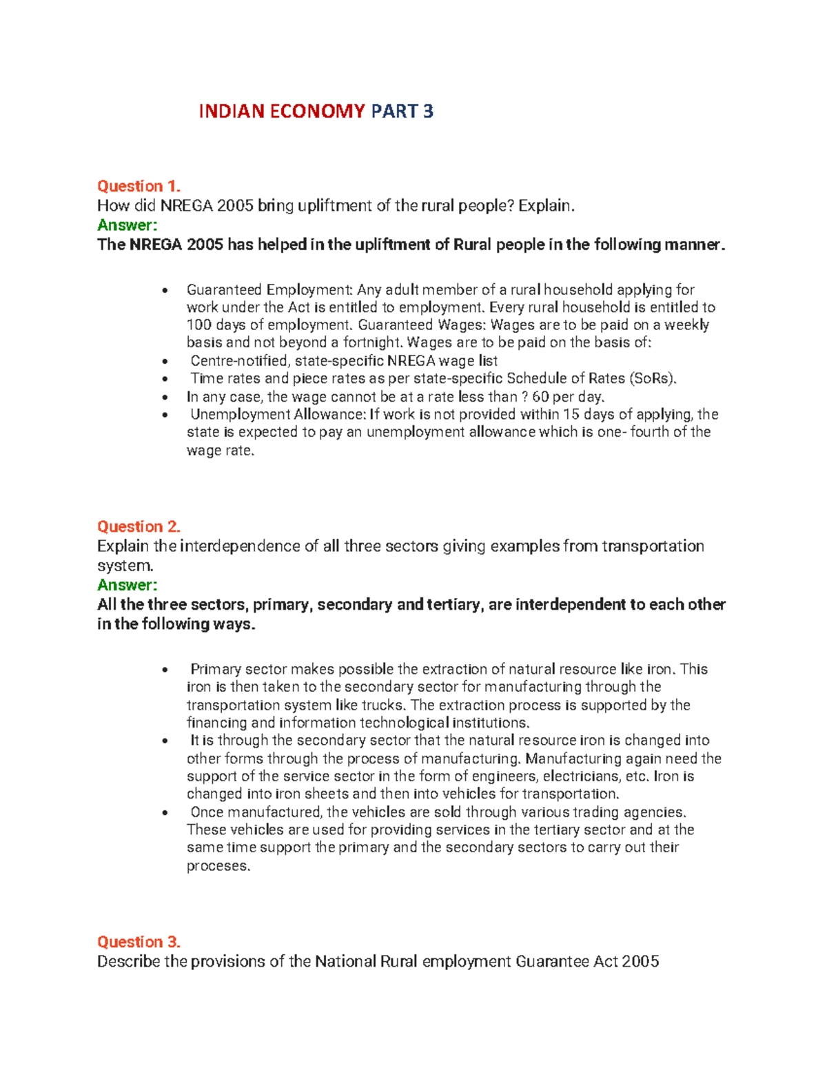 Indian economy Notes 3 - INDIAN ECONOMY PART 3 Question 1. How did ...