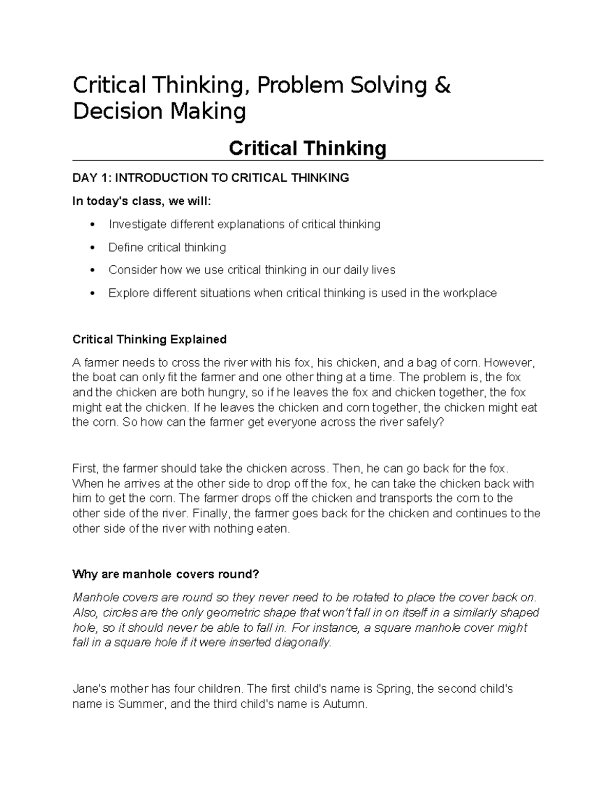 Critical Thinking-Problem Solving-Decision Making - Critical Thinking ...