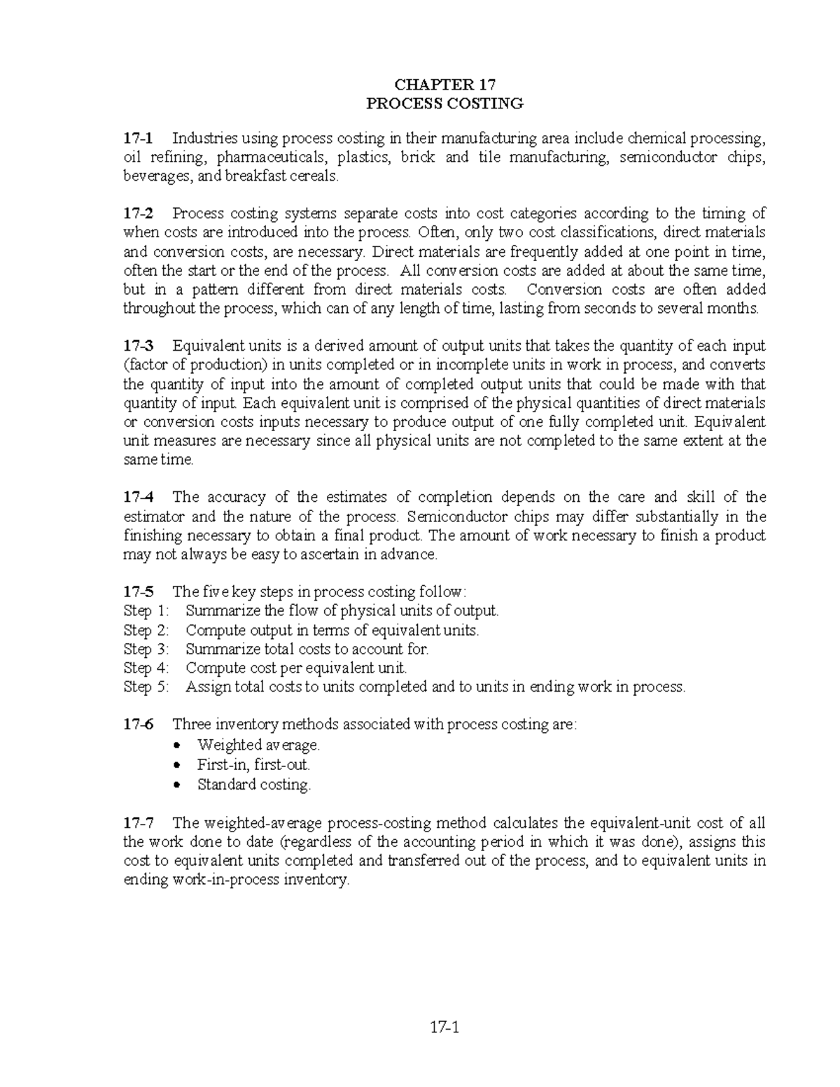 Assignment Answer KEY Lecture Notes 1 3 CHAPTER 17 PROCESS COSTING