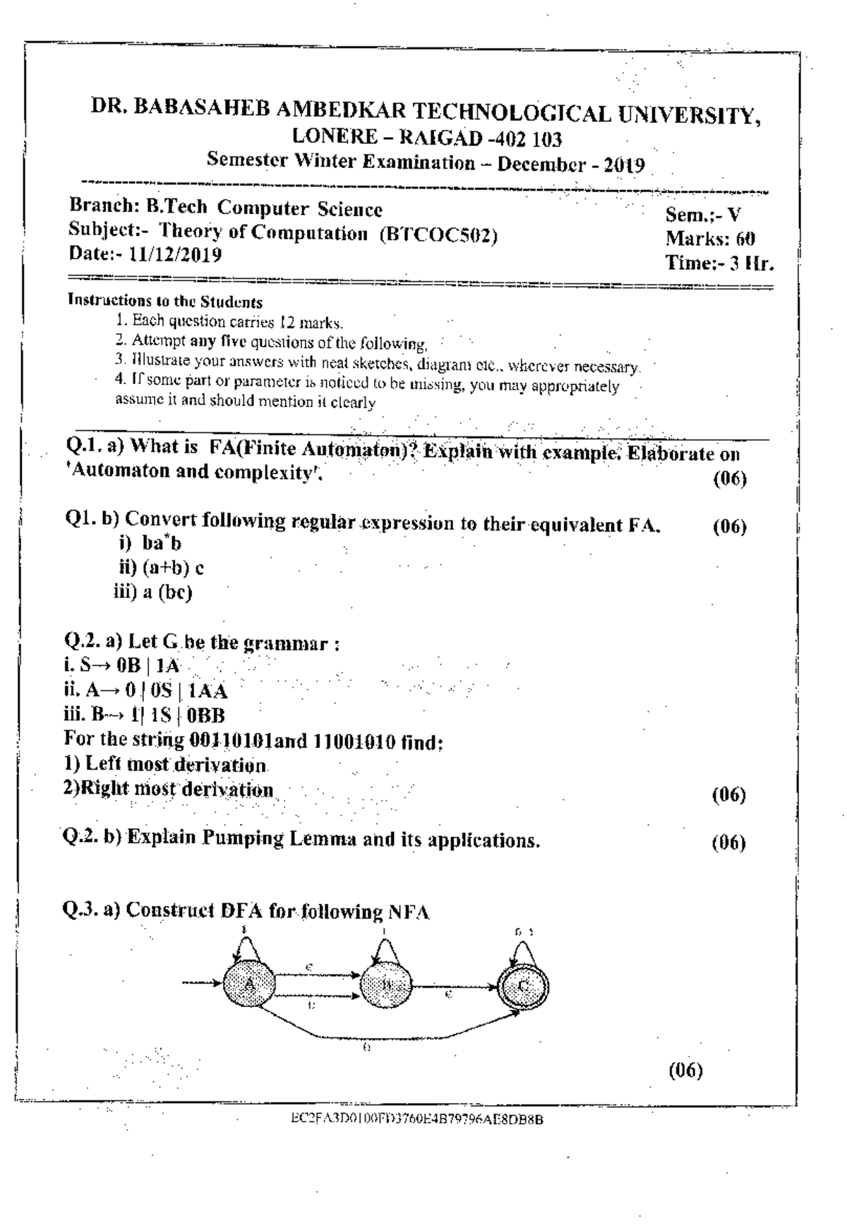 Emailing btech-cs-5-sem-theory-of-computation-btcoc 502-dec-2019 - Theory of computation - Studocu