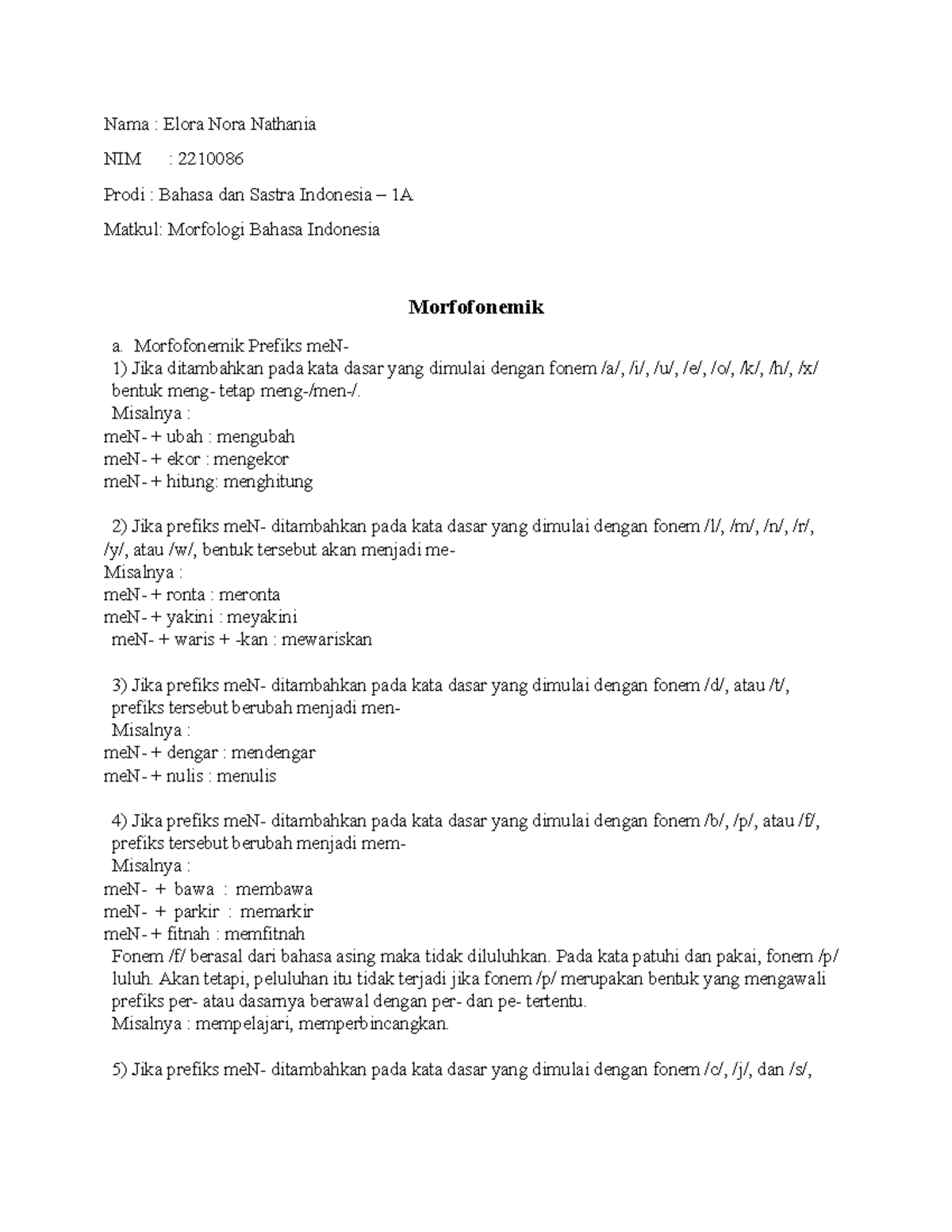Morfologi Morfofonemik - Nama : Elora Nora Nathania NIM : 2210086 Prodi ...