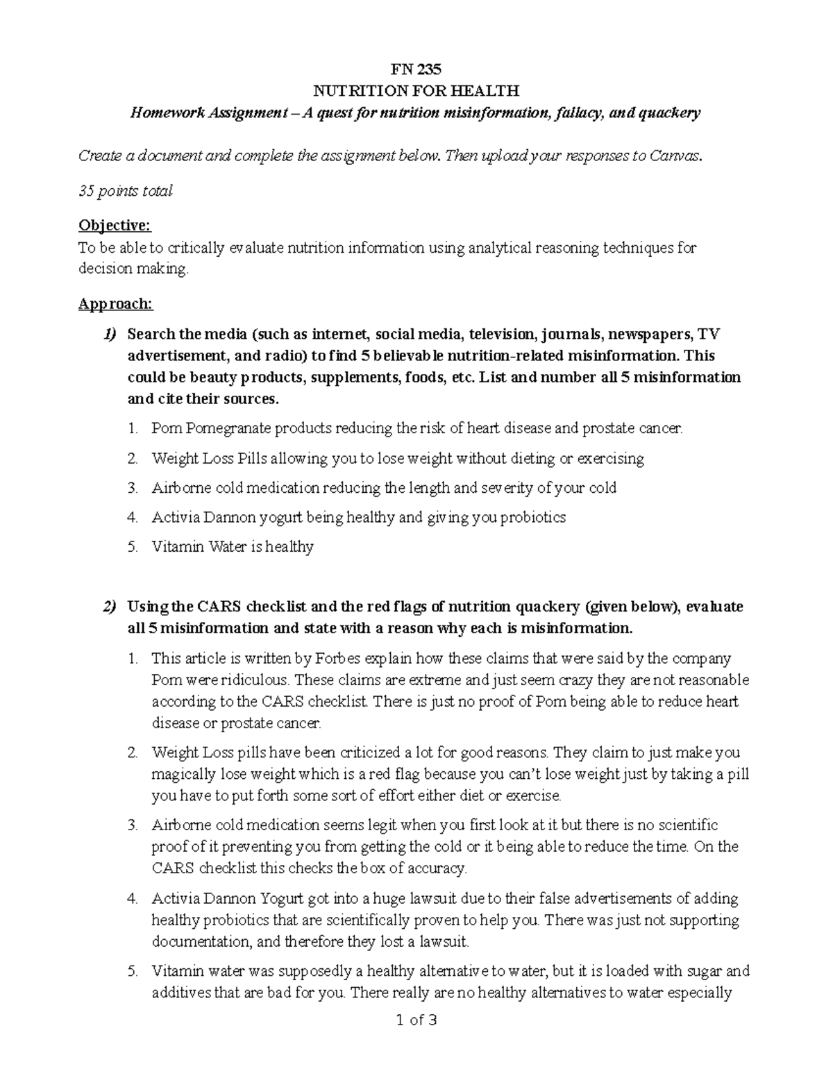 Assignment - Nutrition misinformation (1) (1) - FN 235 NUTRITION FOR ...