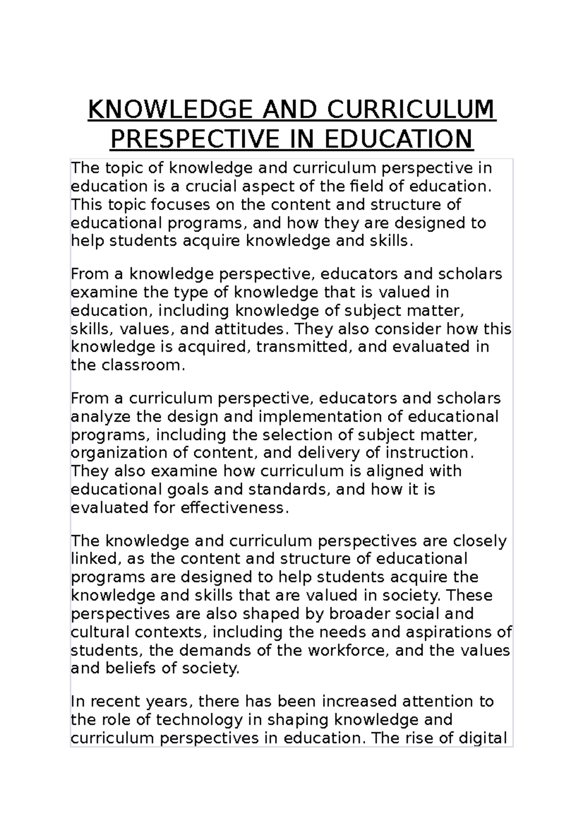Knowledge AND Curriculum Prespective IN Education - KNOWLEDGE AND CURRICULUM PRESPECTIVE IN ...