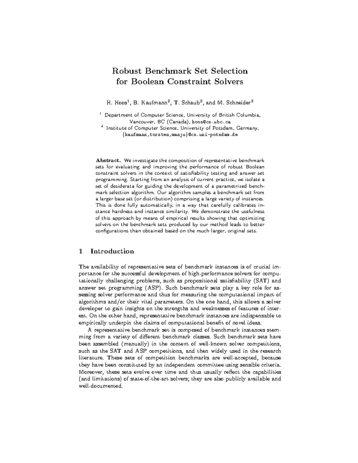 Robust Benchmark Set Selectionfor Boolean Constraint Solvers Hoos 1 B Kaufmann 2 T 8527
