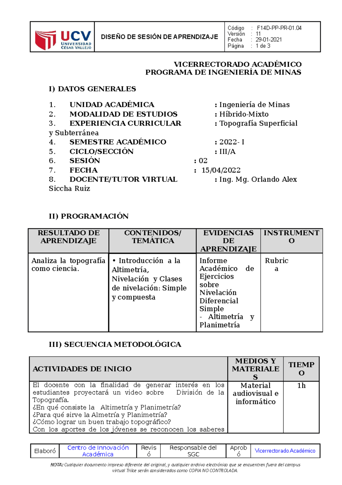 Sesión de Aprendizaje 02 TSS - DISEÑO DE SESIÓN DE APRENDIZAJE Código : F14D-PP-PR-01. Versión ...