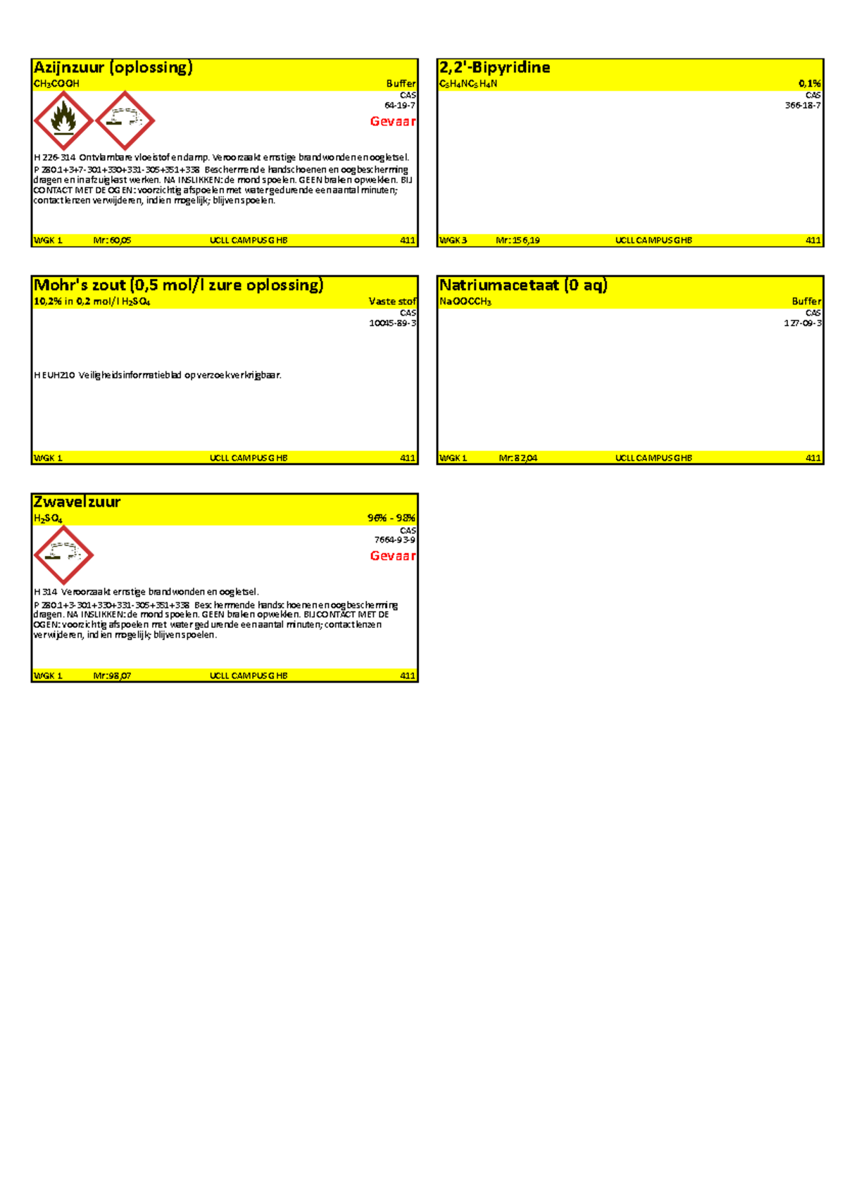 Veiligheisetikketen Lab6 - Azijnzuur (oplossing) CH 3 COOH Buffer CAS ...