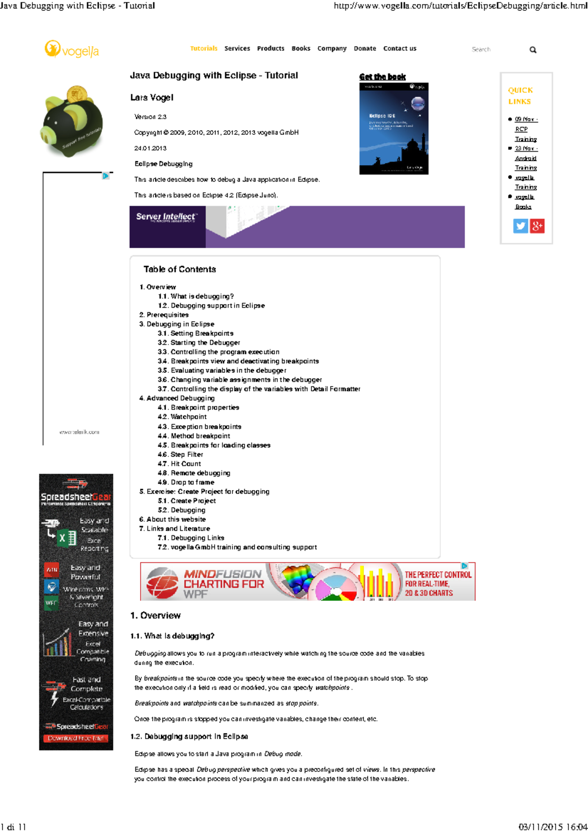 Java Debugging with Eclipse - Tutorial- Vogella - QUICK LINKS 09 Nov - RCP Training 23 Nov ...