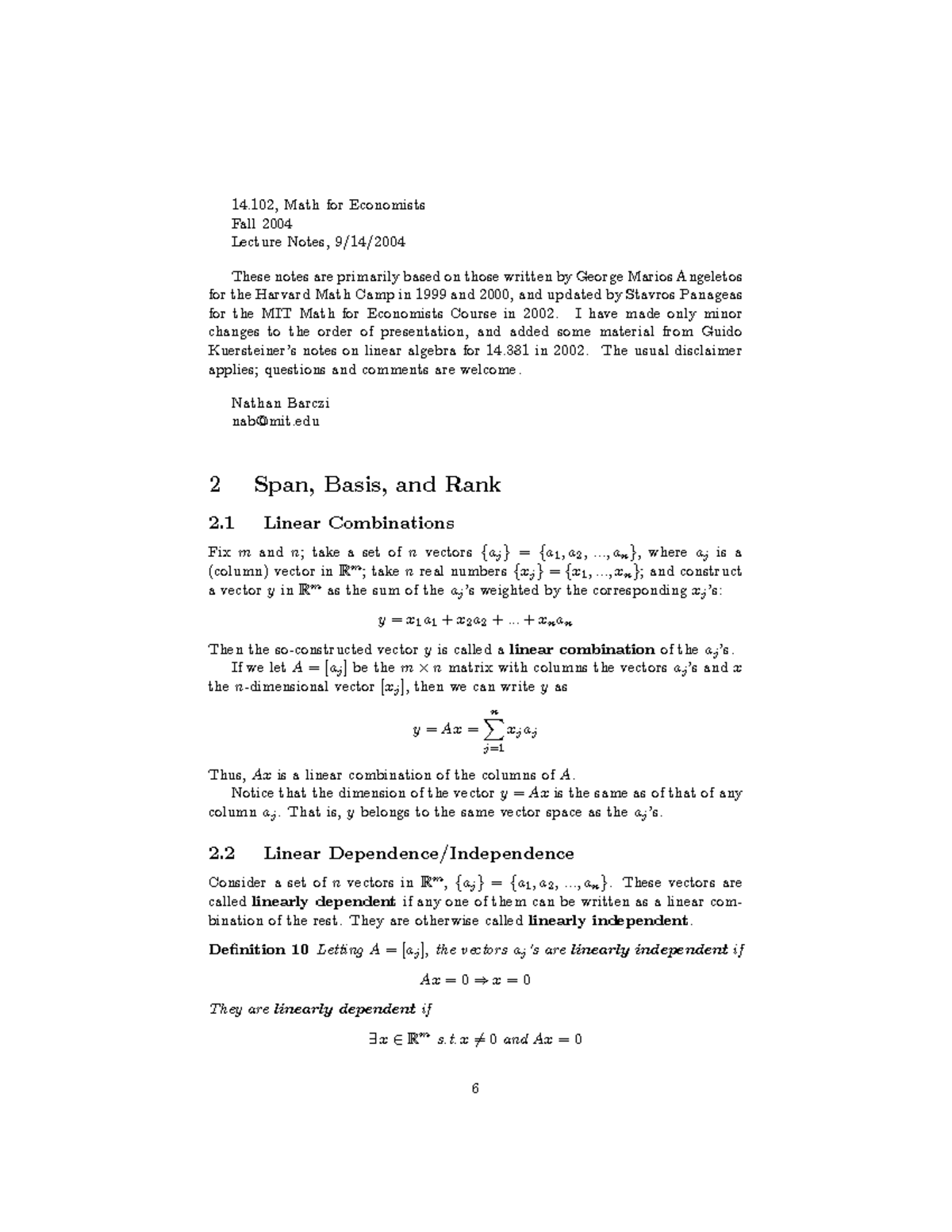 Rank of matrix - 14, Math for Economists Fall 2004 Lecture Notes, 9/14 ...