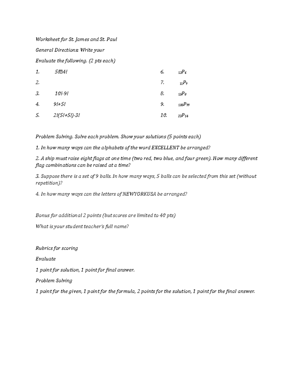 Math10 Worksheet Permutation - Worksheet for St. James and St. Paul ...