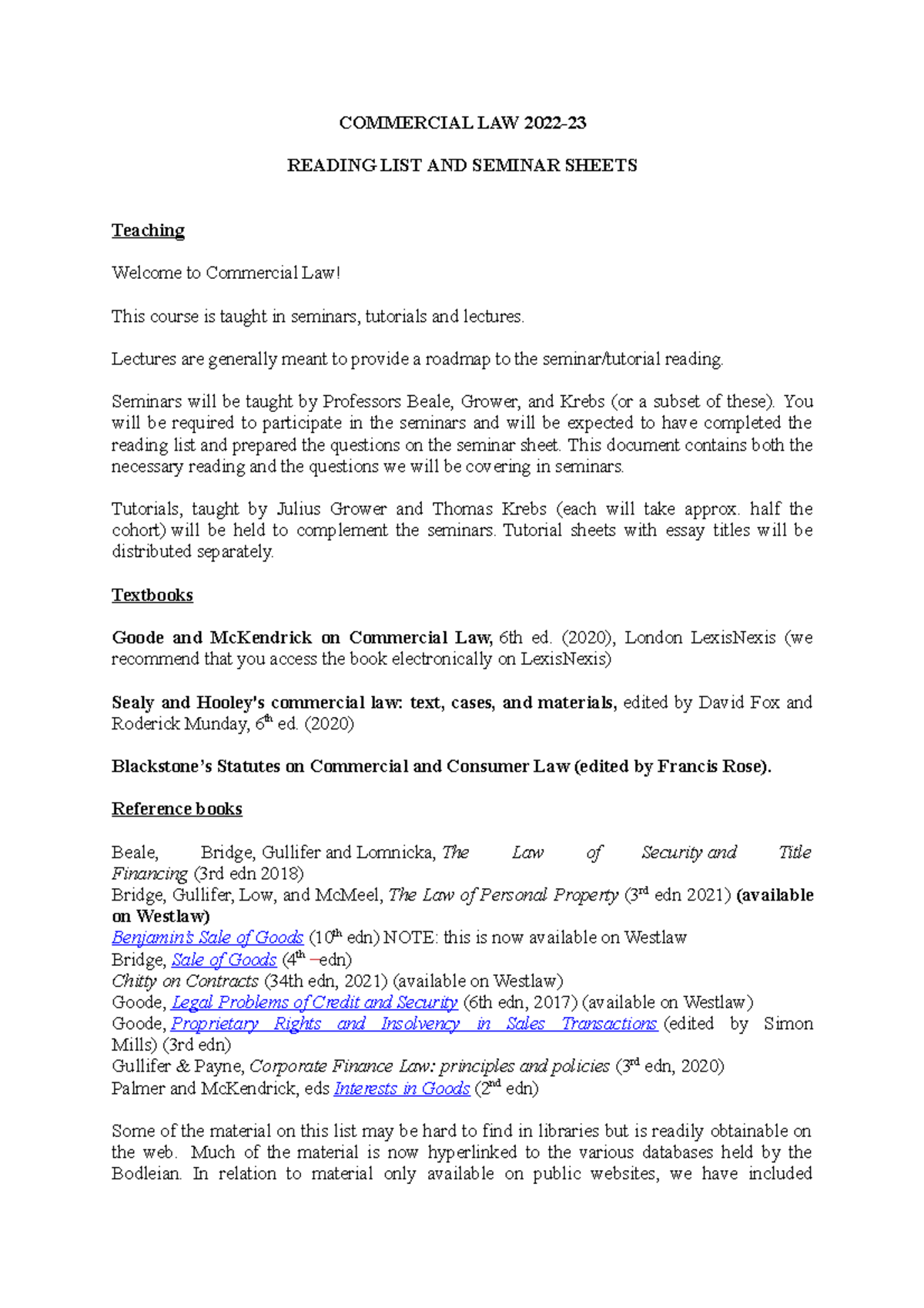 Reading List and Seminar Sheets 2022 final - COMMERCIAL LAW 2022 ...