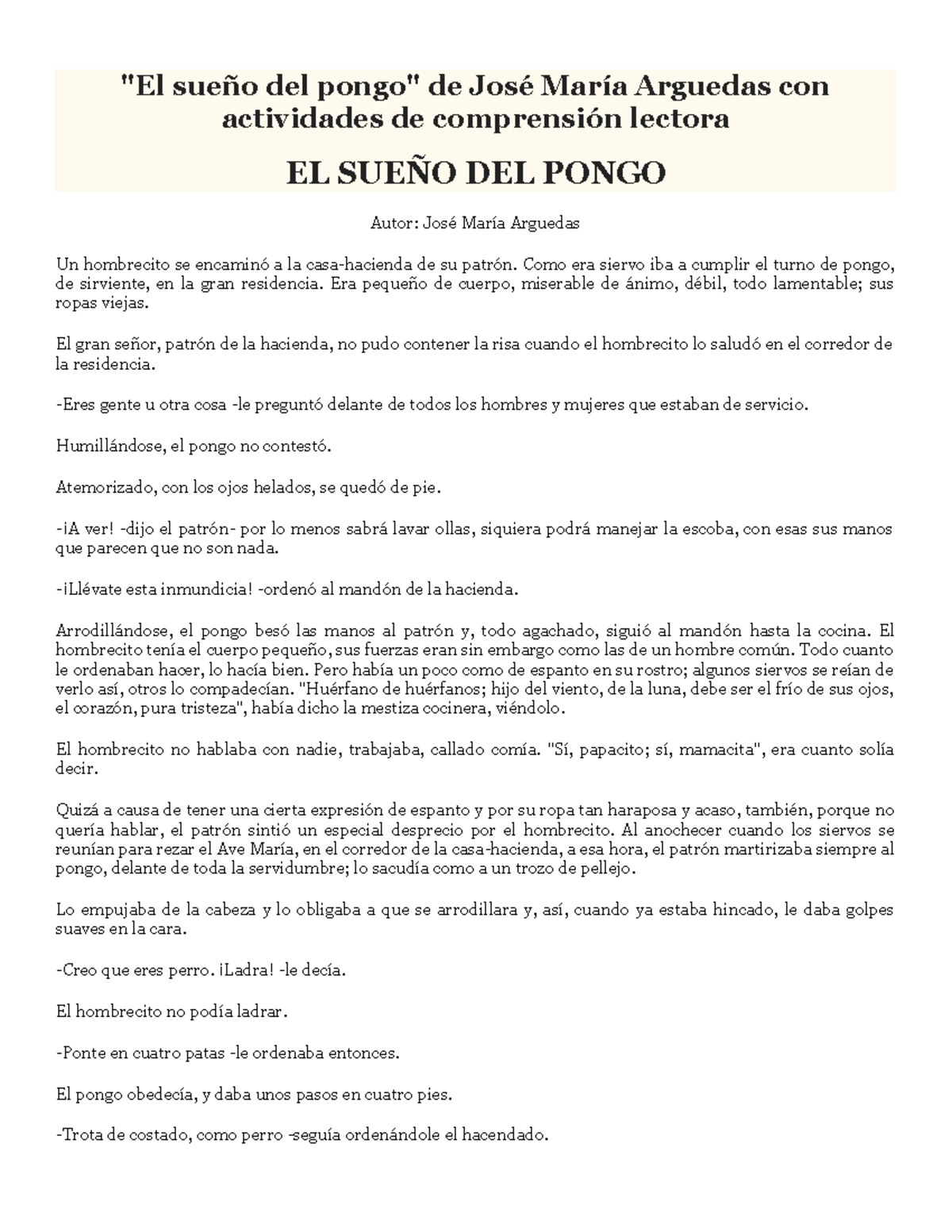 El sueño del pongo material de trabajo - "El sueño del pongo" de José ...