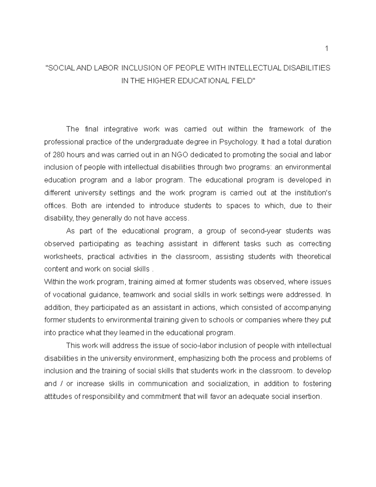 Social AND Labor Inclusion OF People WITH Intellectual Disabilities IN ...