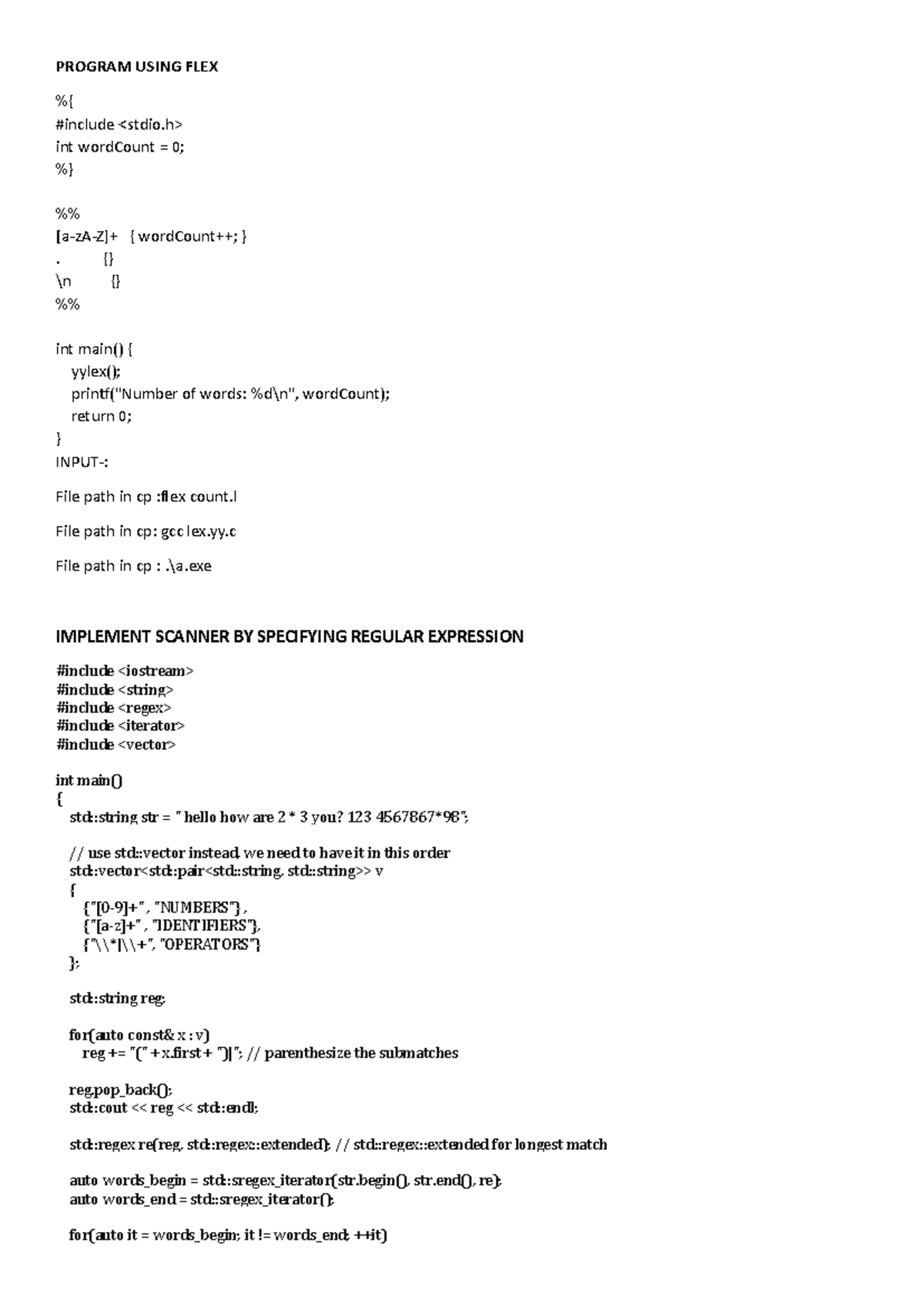 Cd Codes for practical - PROGRAM USING FLEX %{ #include int wordCount ...