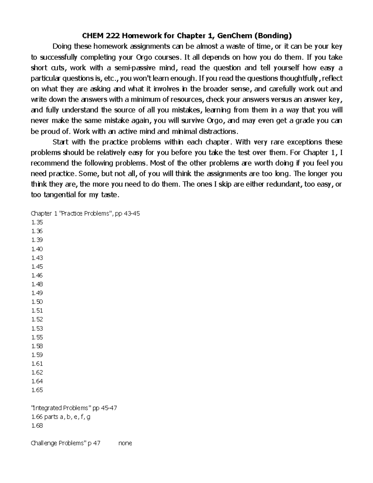 CHEM 222 Chap 1 HW S19 - Homework for Chapter 1 - CHEM 222 Homework for ...
