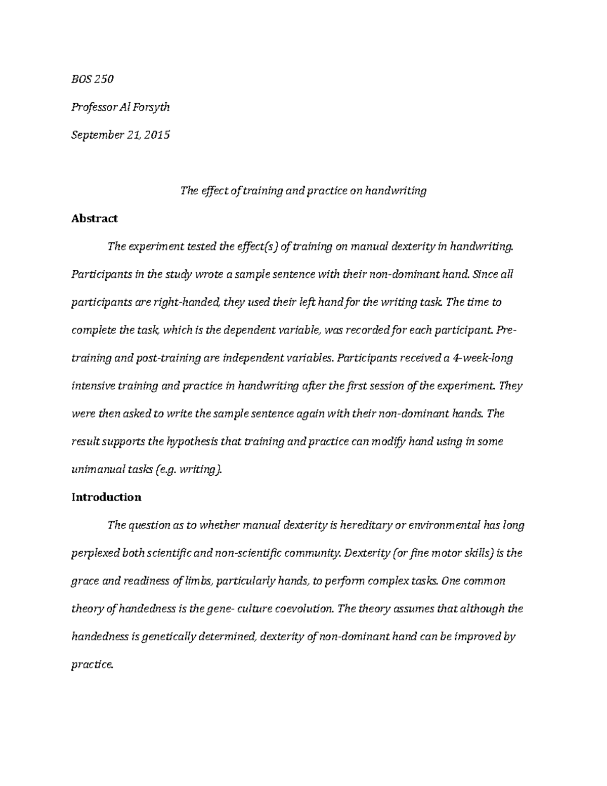 BOS 250 - 1 - Assignment - BOS 250 Professor Al Forsyth September 21 ...