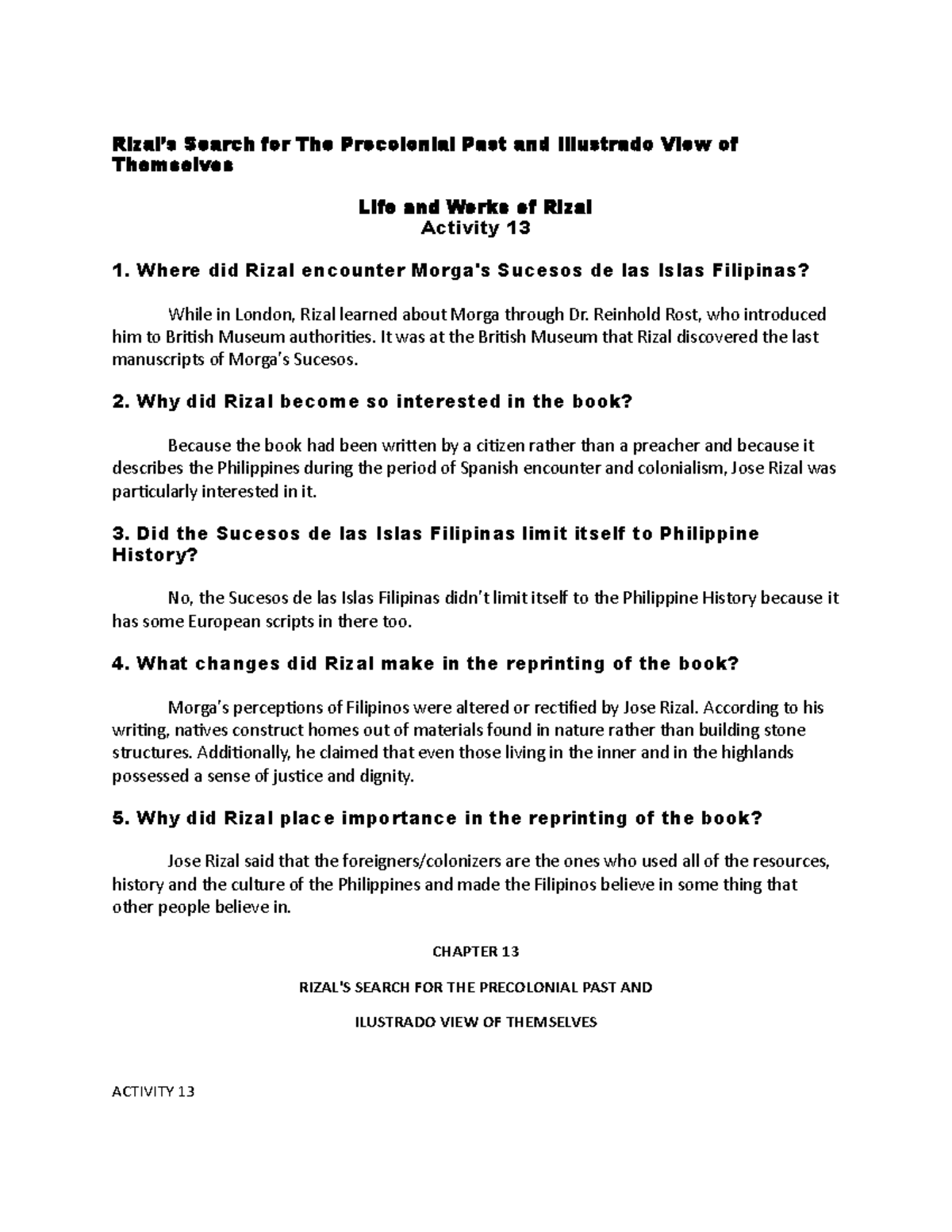 RN13-14 - Rizal-Chapter-13-14 - Rizal’s Search for The Precolonial Past ...