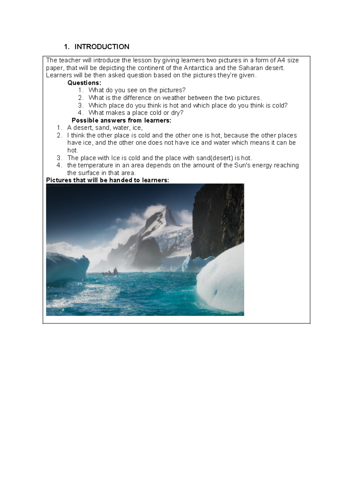 Climate - 1. INTRODUCTION The teacher will introduce the lesson by ...