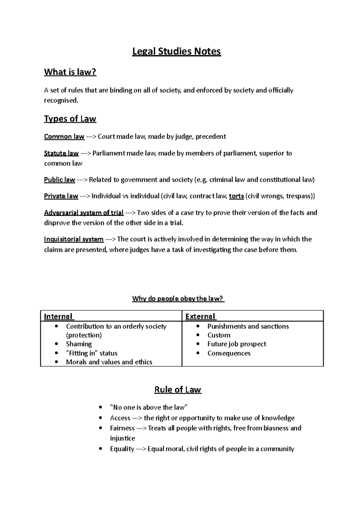 Foundations of Law Notes - Legal Studies Notes What is law? A set of ...