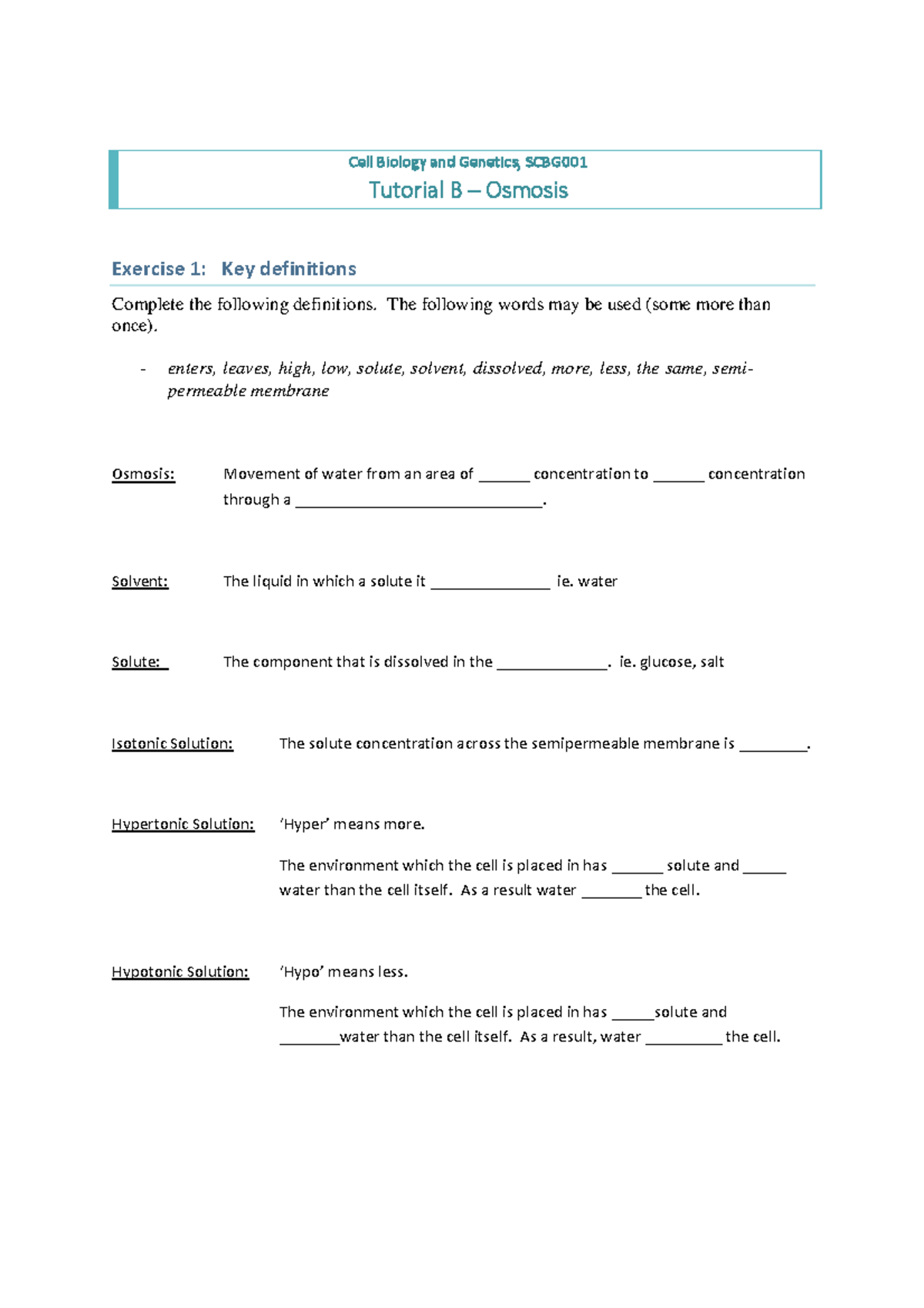 Cell bio and genetics week 5 tut b pdf - Cell Biology and Genetics ...