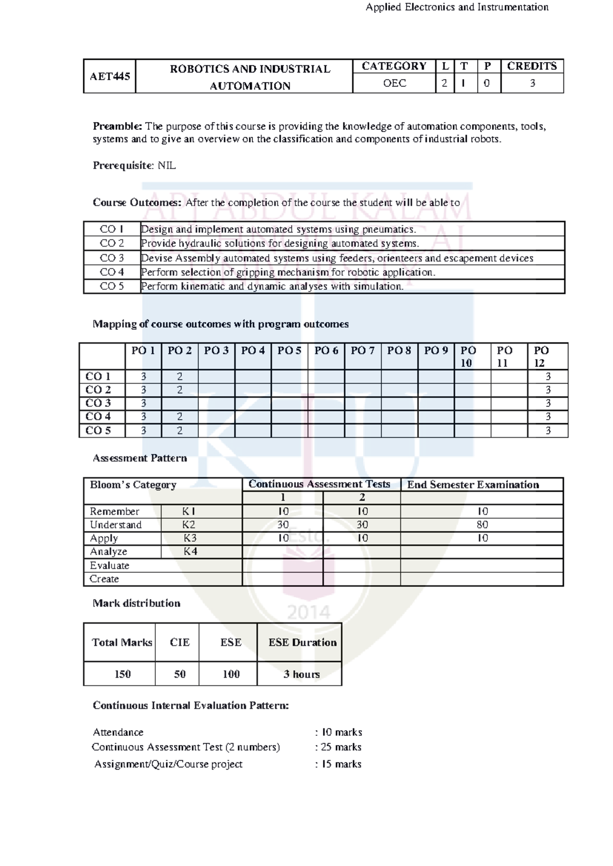 857751242 AET445Industrial Roboticsand Automation Syllabus Global Elective - AET4 45 ROBOTICS ...