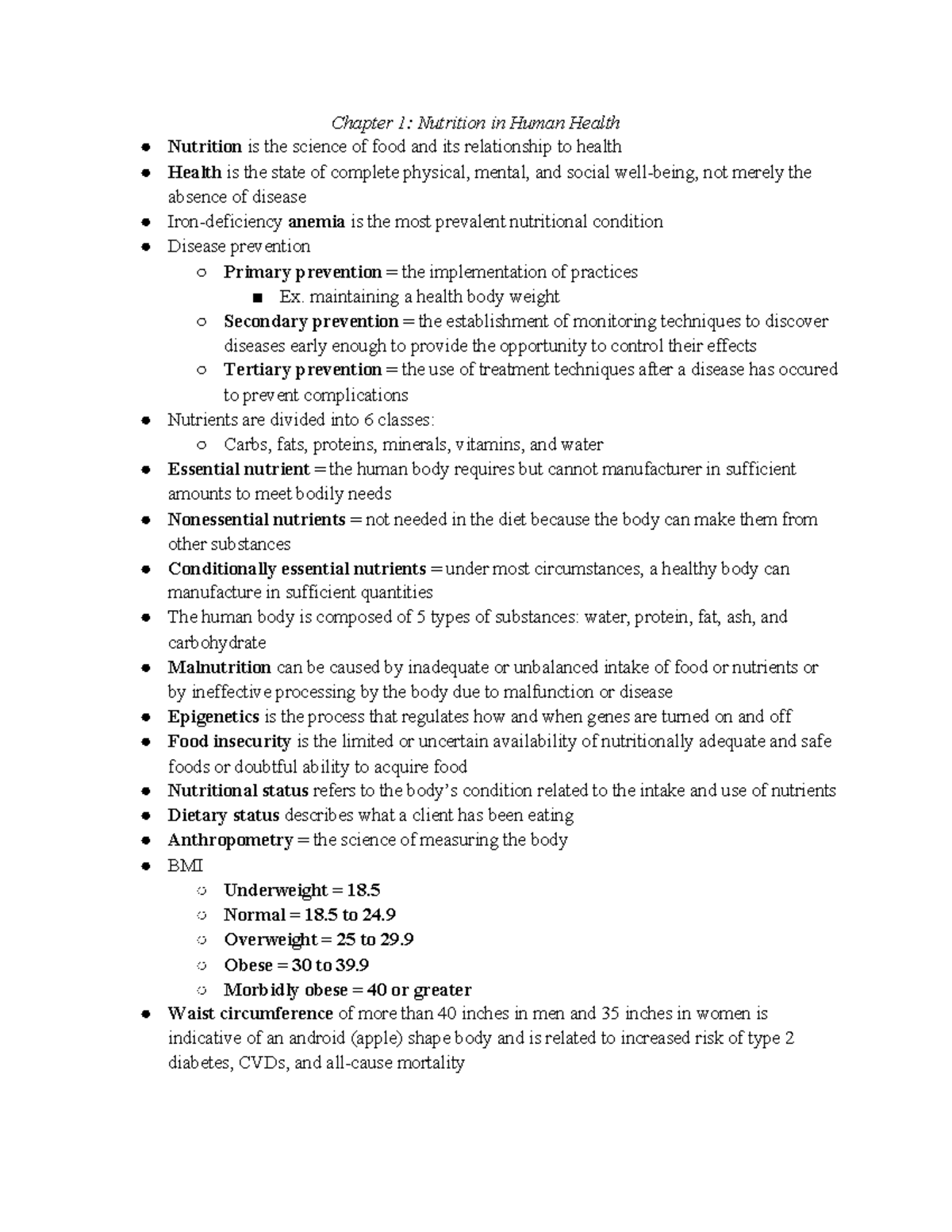 Chapters 1 + 2 Nutrition Notes - Chapter 1: Nutrition in Human Health ...