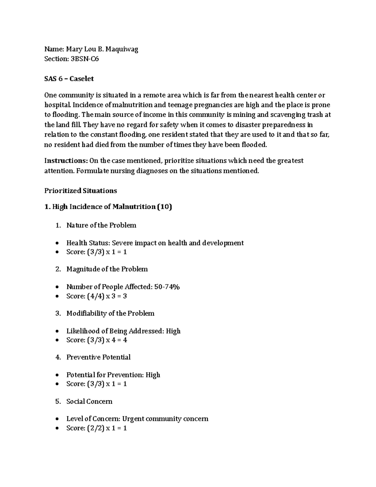 SAS 6 - Nursing diagnoses - Name: Mary Lou B. Maquiwag Section: 3BSN-C ...