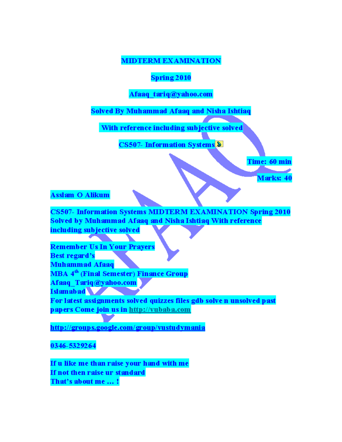 CS507-midterm solved mcqs download from (VUStudentspk - MIDTERM EXAMINATION Spring 2010 - Studocu