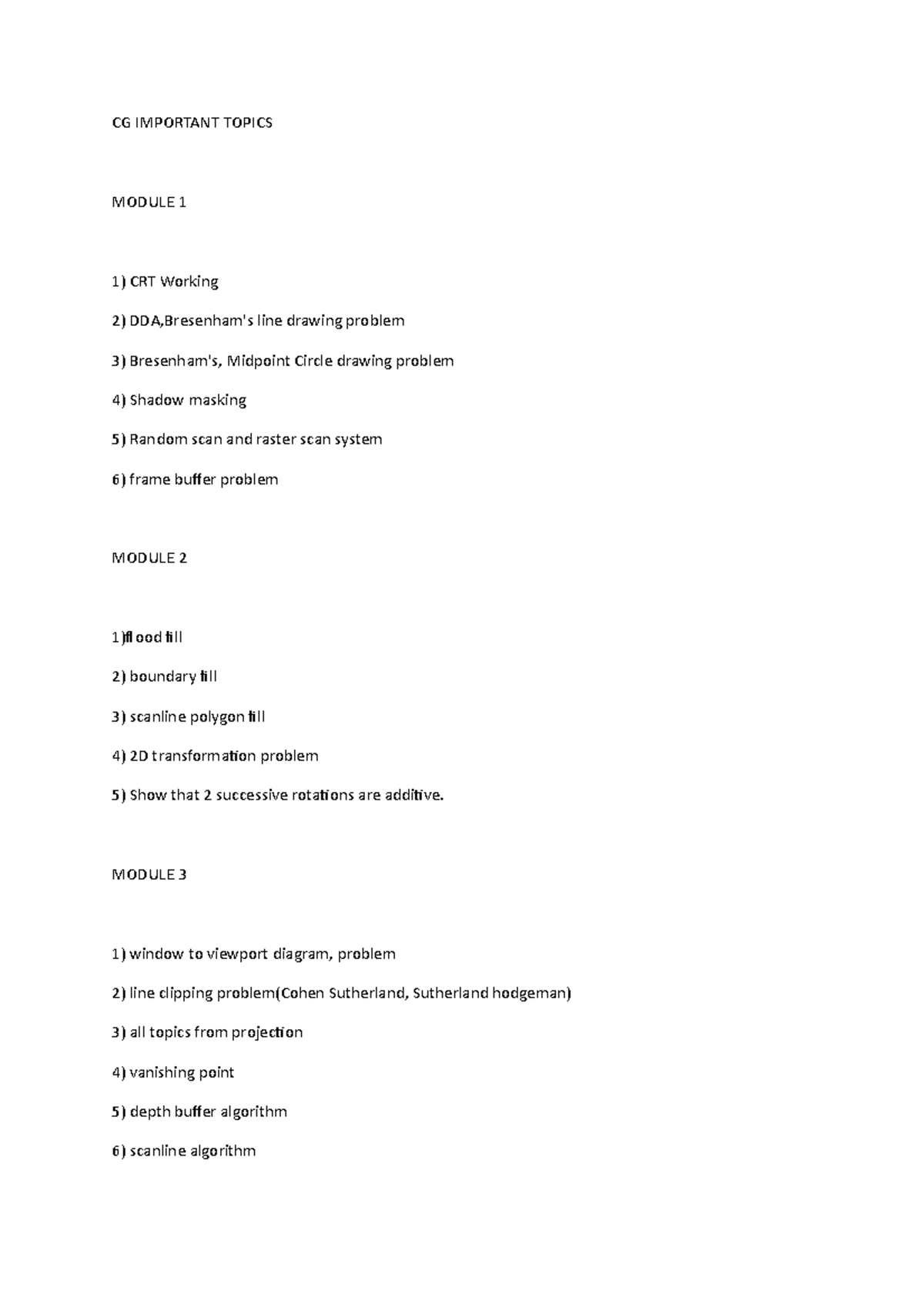 CG important questions - CG IMPORTANT TOPICS MODULE 1 CRT Working DDA ...