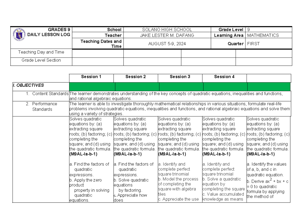 DLL Grade 9 WEEK 2 - DLL - GRADES 9 DAILY LESSON LOG School SOLANO HIGH ...