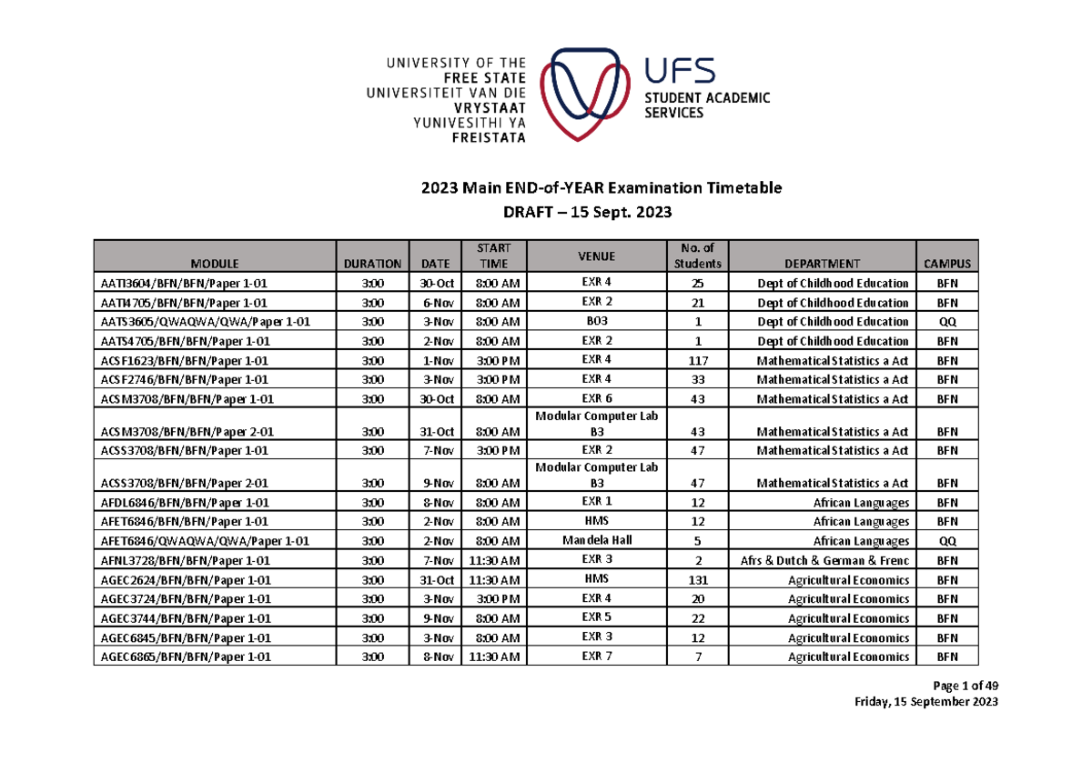 2023-main-end of year-examination-timetable draft - DRAFT – 15 Sept ...