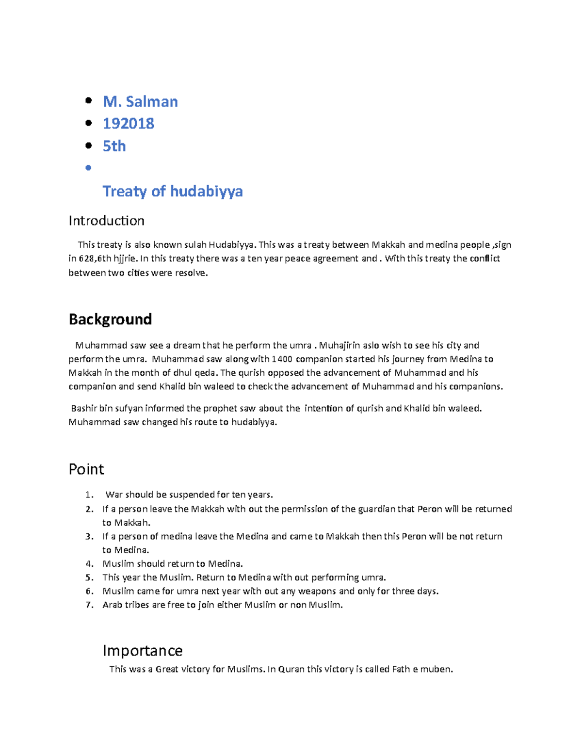 Assignment 2 - M. Salman 192018 5th Treaty of hudabiyya Introduction ...