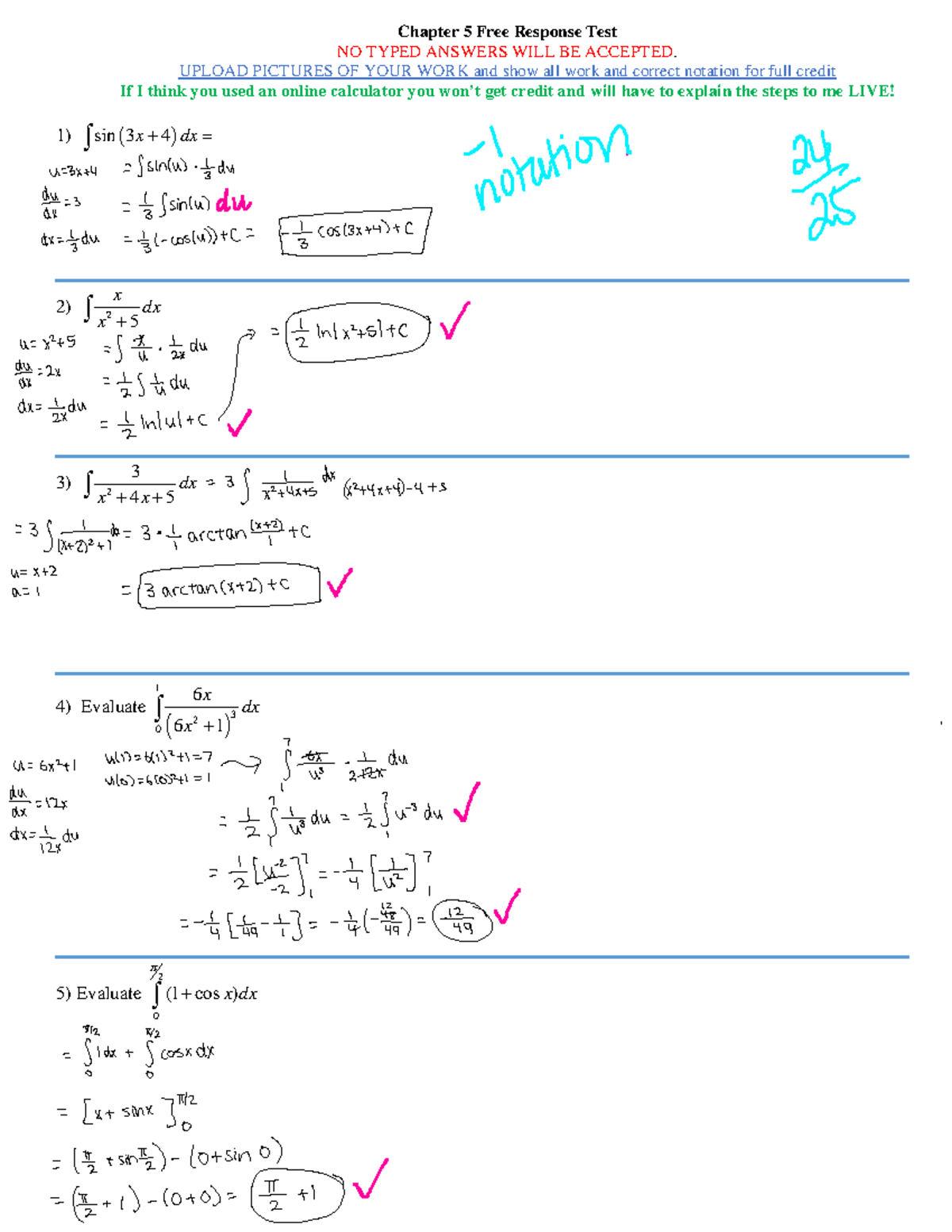 Math Calculus Chapter 5 Test - Chapter 5 Free Response Test NO TYPED ...