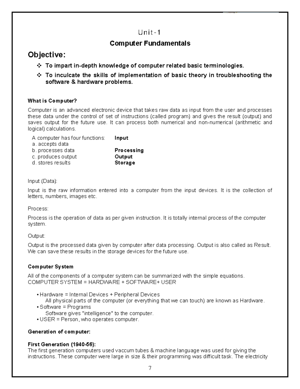 Selfstudys com file - bkjga - Unit- Computer Fundamentals Objective: To ...