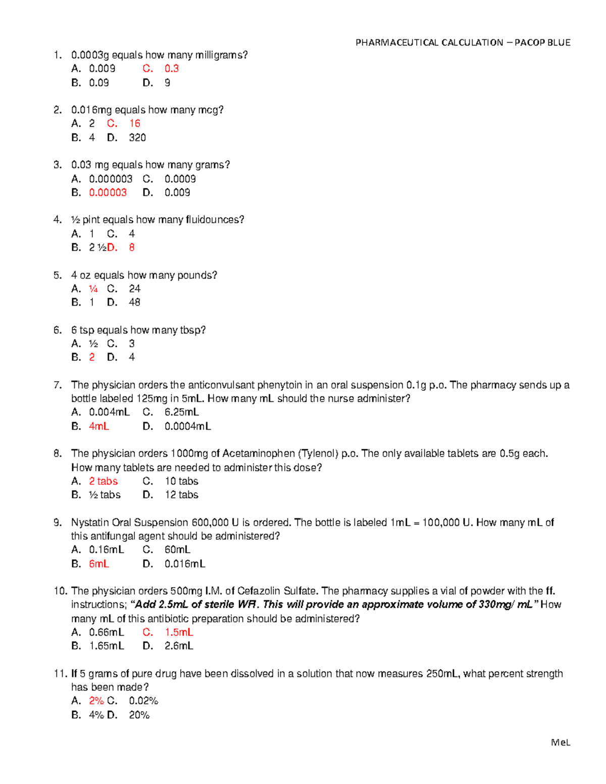 Pharmaceutical Calculations Answer Key-BLUE Pacop - 0 equals how many ...