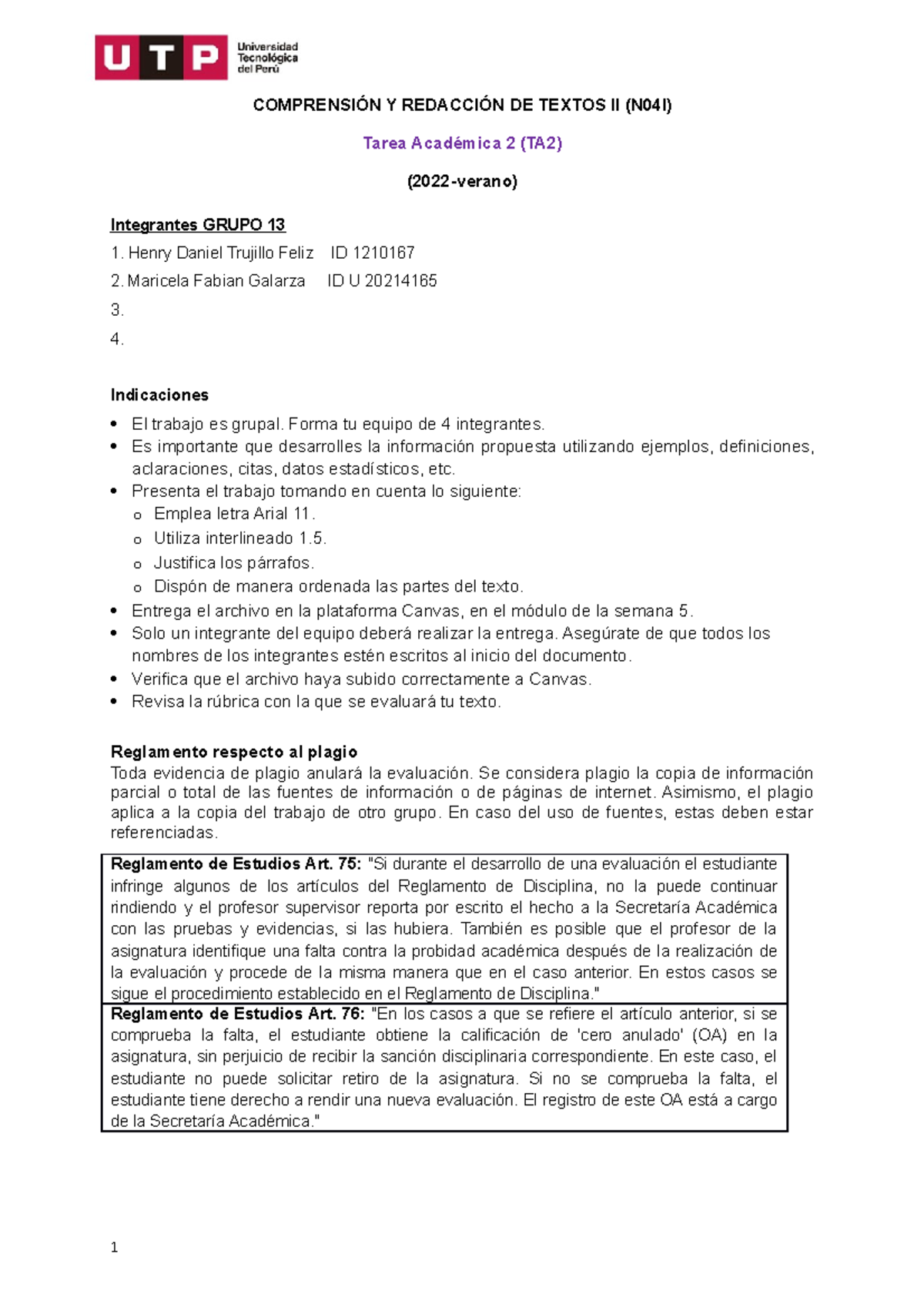 S04 - Tarea Académica 2 (TA2) formato - Comprensión y Redacción de textos II - UTP - Studocu